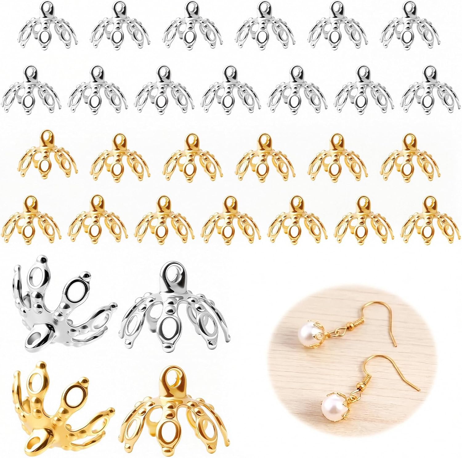 Amazon.com: 30 Pcs Bead Caps for Jewelry Making, Flower Shape 7 Prong ...