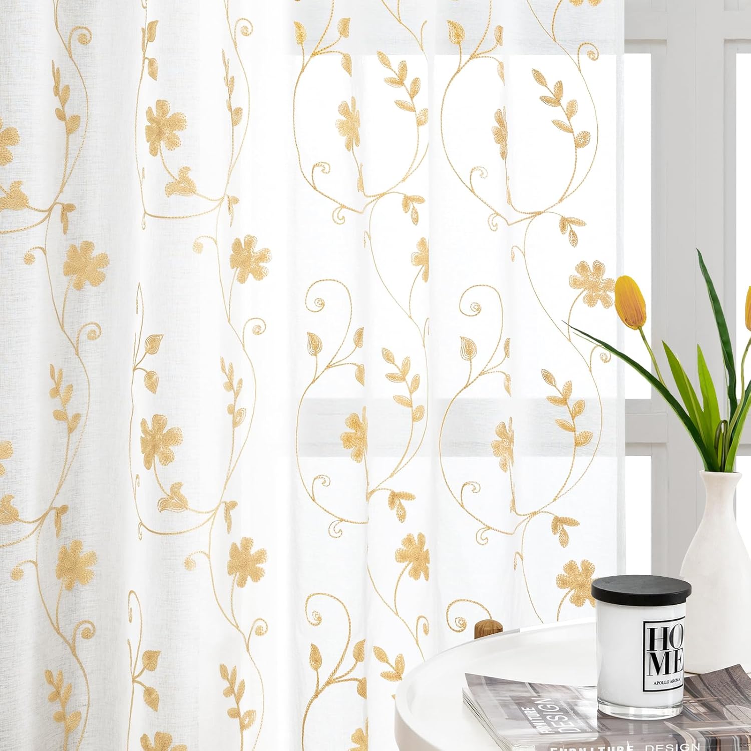 Amazon.com: HOMEIDEAS Yellow Sheer Curtains 96 Inches Long 2 Panels ...