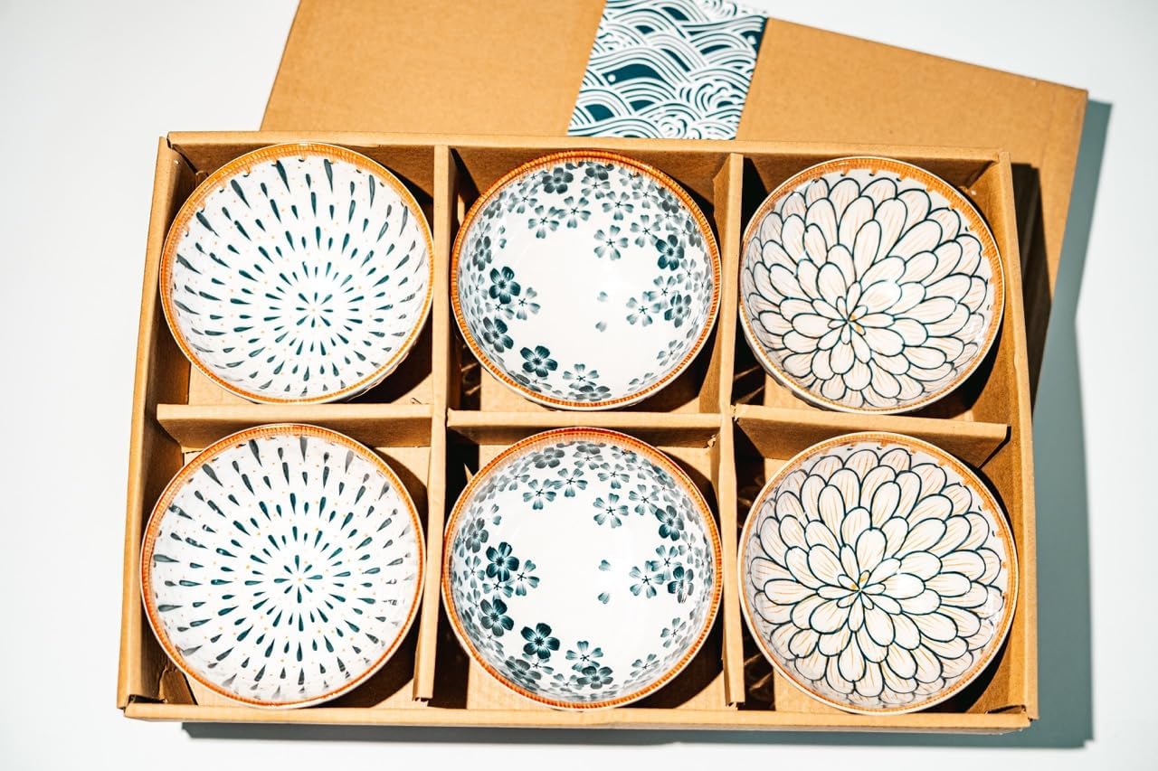 Amazon.com | Japanese style Porcelain Bowls Set of 6, 10 oz Blue and ...