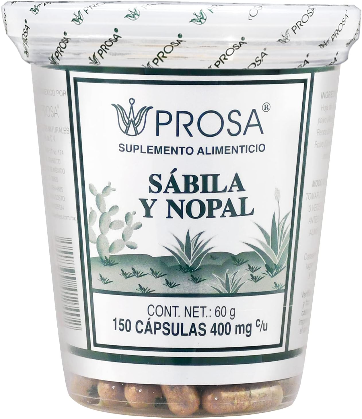 Prosa | Cápsulas de Sábila y Nopal, frasco con 150 cápsulas de 400 mg ...