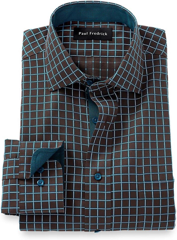 Paul Fredrick Men's Classic Fit Non-Iron Cotton Windowpane Dress Shirt ...