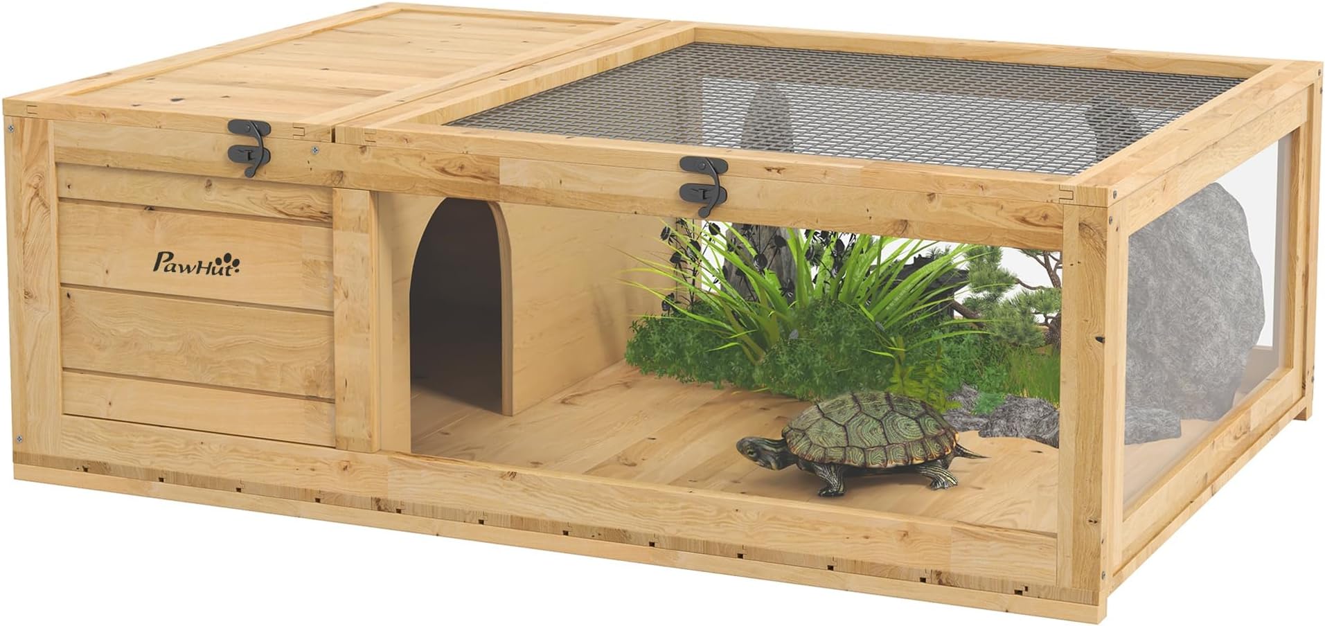 PawHut Wood Tortoise House Indoor Outdoor Turtle Habitat Reptile Cage ...