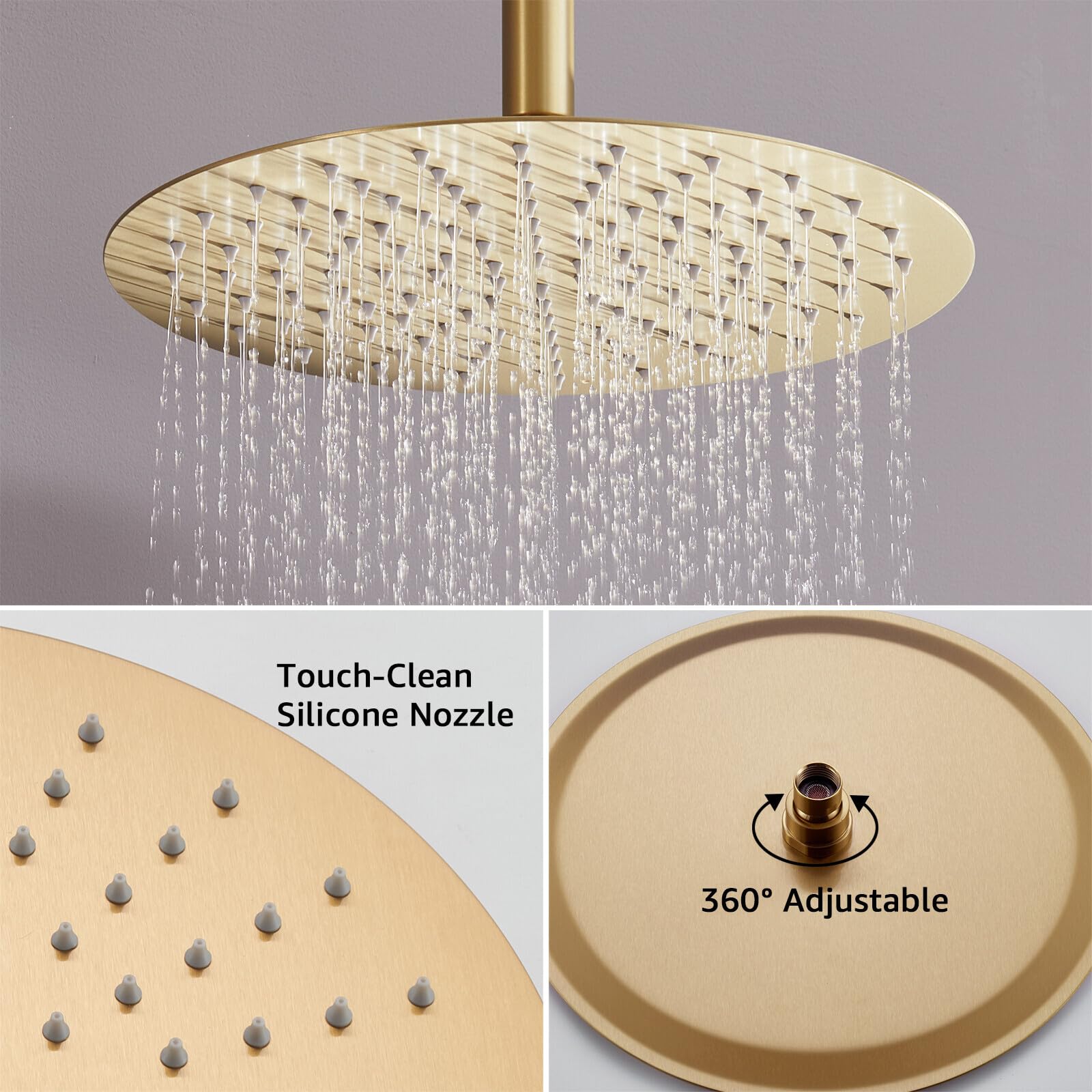 Snapklik.com : Iriber Brushed Gold Ceiling Mount Round Rain Shower System
