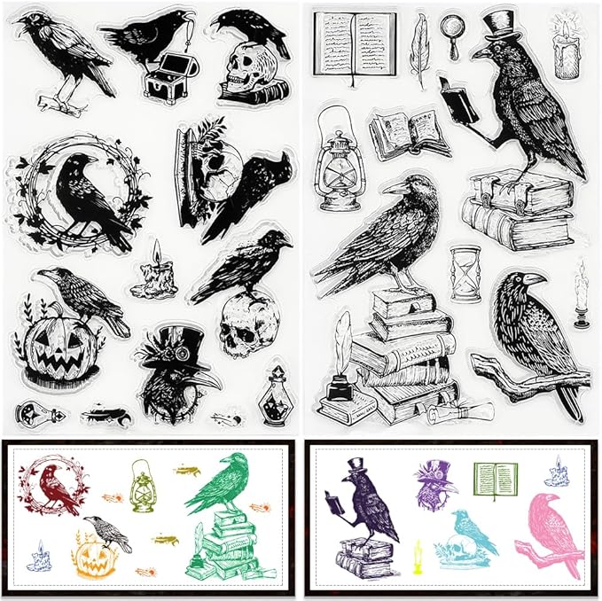 Amazon.com: CRASPIRE 2 Styles Raven Clear Stamps Crow Book Skull Gothic ...