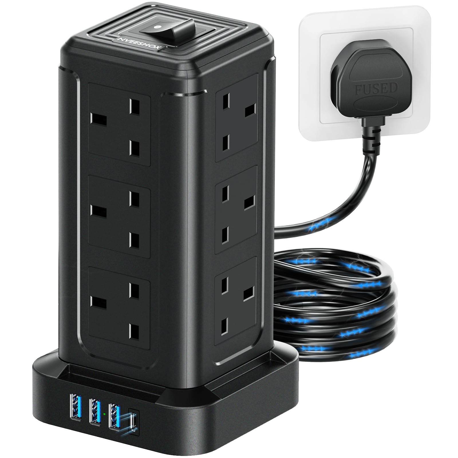 Tower Extension Lead with USB Slots 2M, 12 Way Surge Protector ...