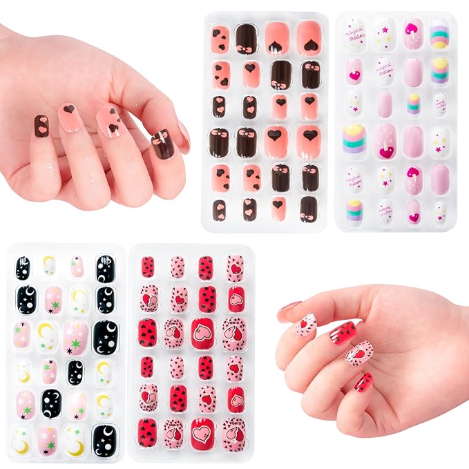 Amazon.com: krofaue Press on Nails for Kids - 96pcs 4 Pack Children ...