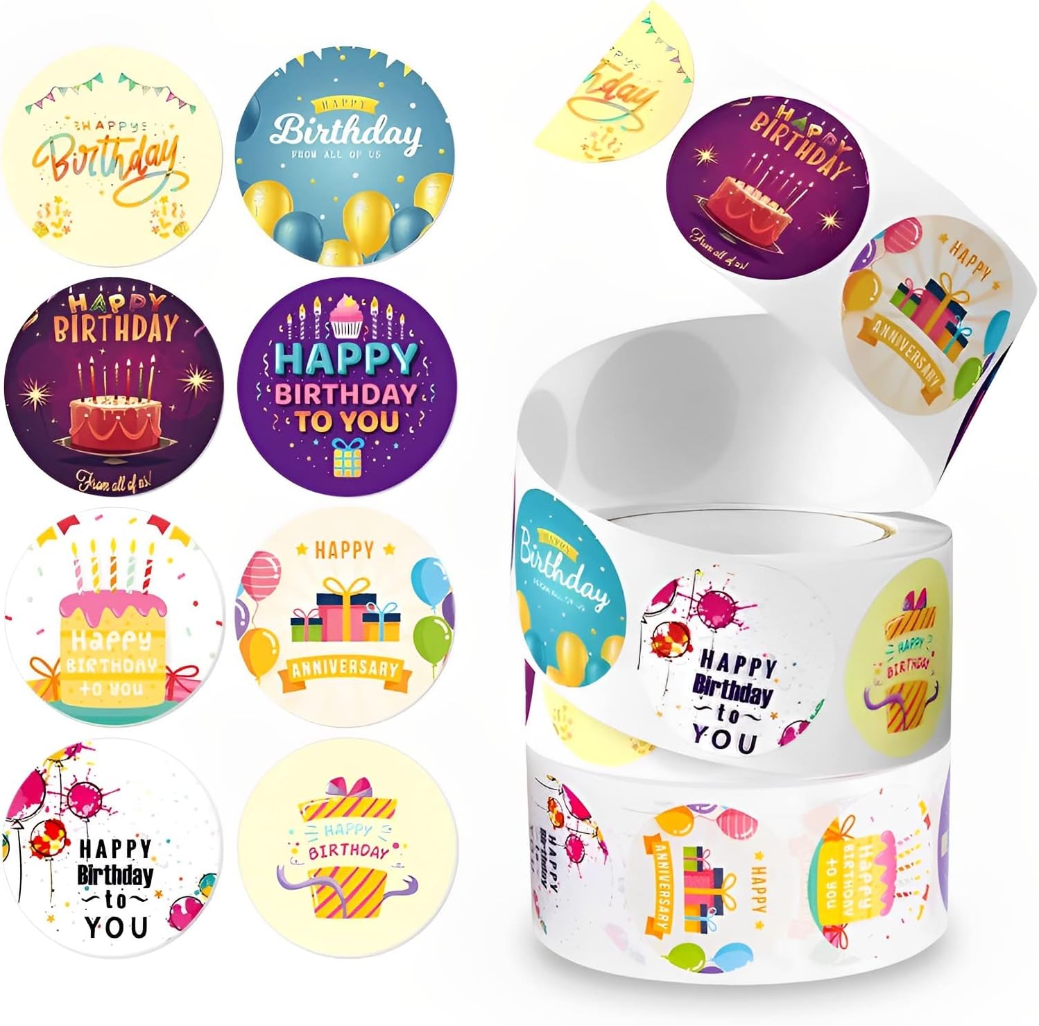Amazon.com: BLMHTWO 500Pcs/Roll Happy Birthday Stickers Colorful Round ...
