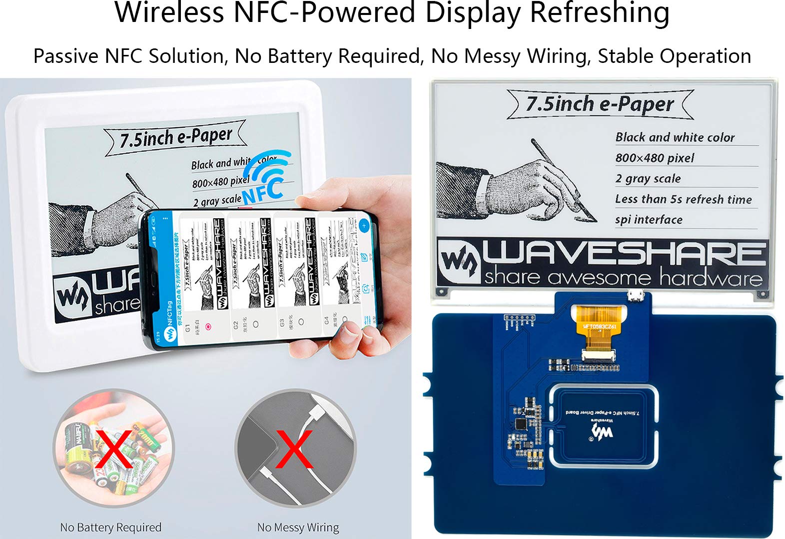 Buy Waveshare 7.5inch Passive NFC-Powered e-Paper No Battery Required ...