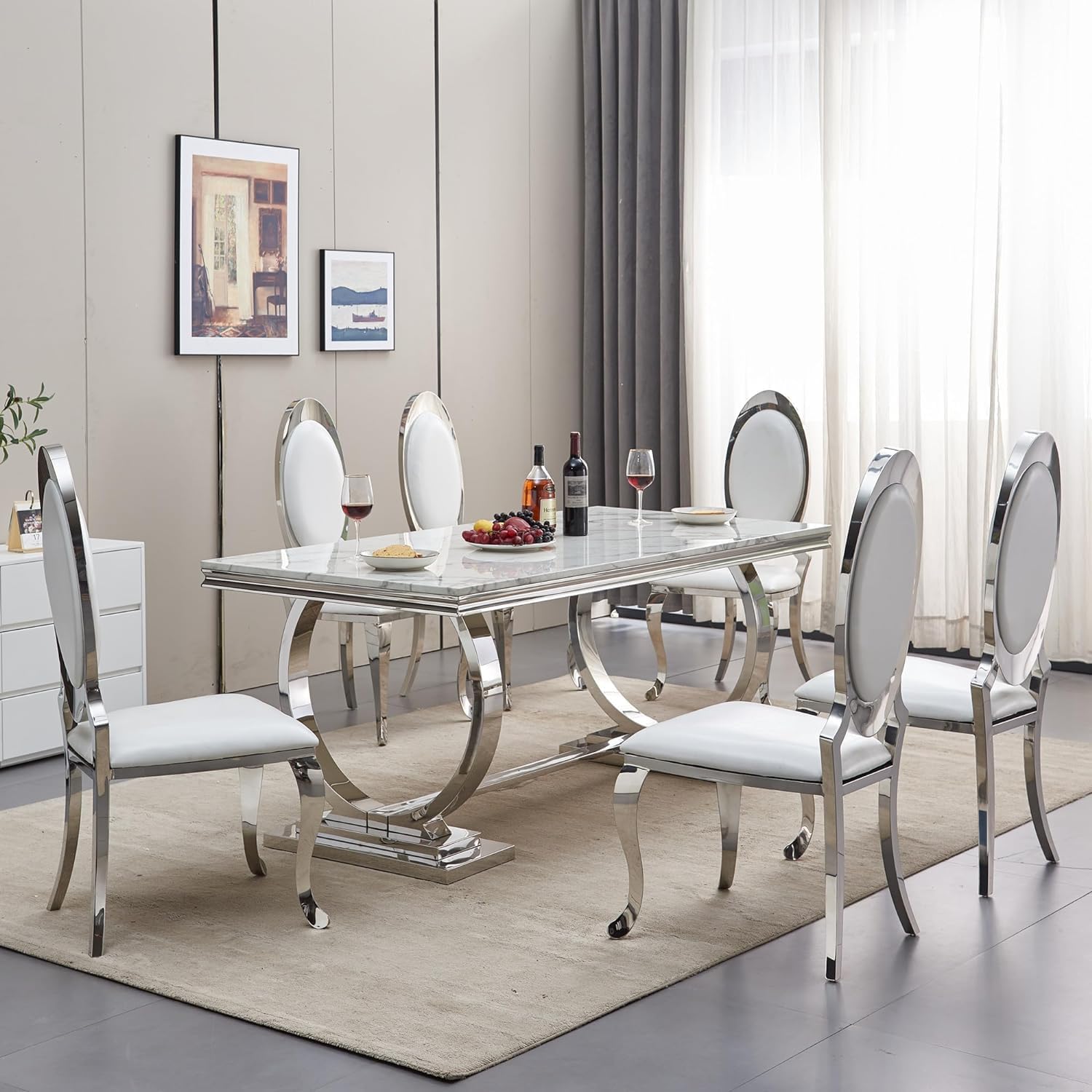 Amazon.com - Nimaolt 7 Piece Marble Dining Table Set, Luxury Silver Dining Table Set for 6, 70 ...