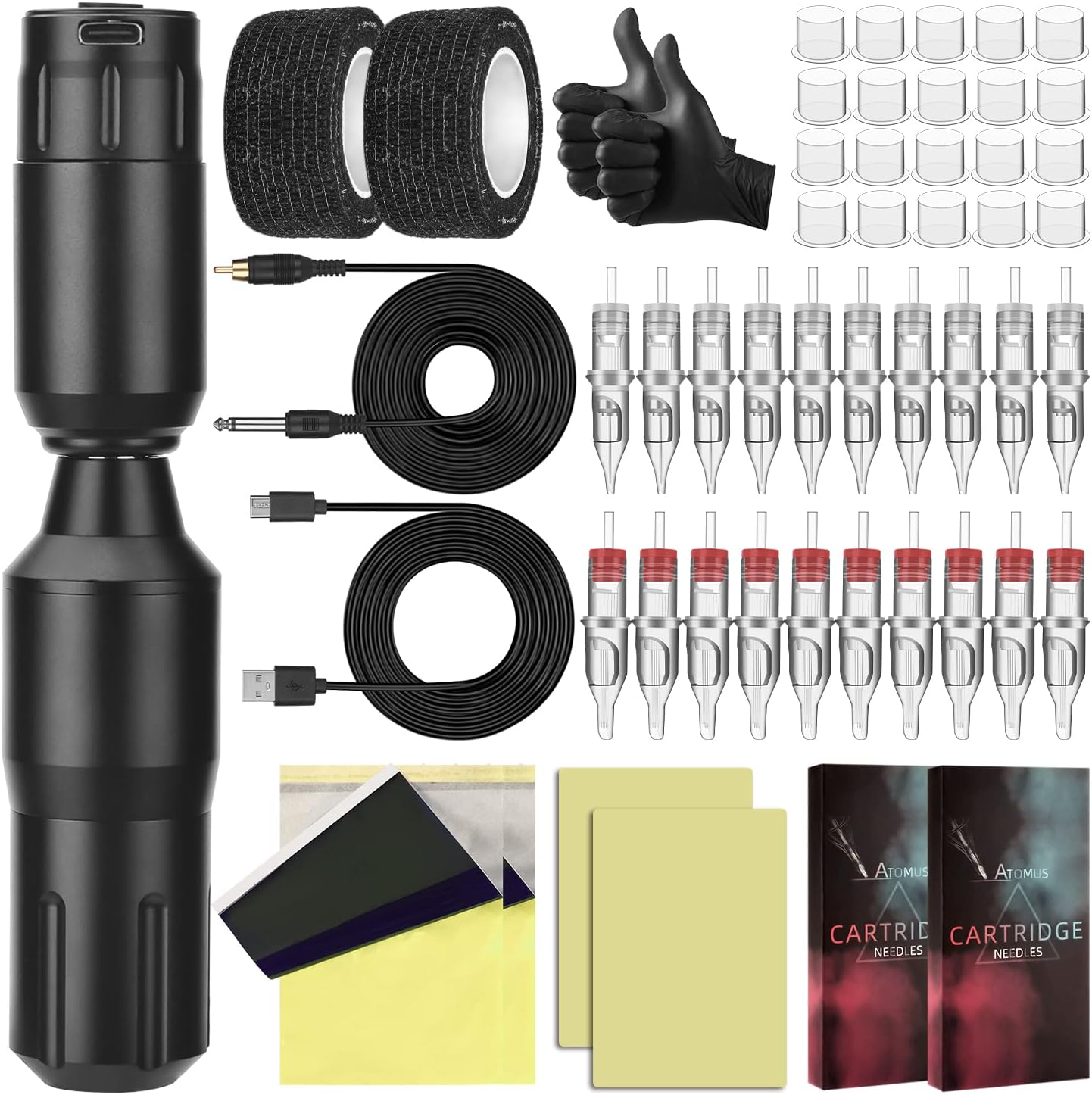 ATOMUS Wireless Tattoo Machine Kit Cordless 1300mAh Rechargeable Tattoo ...