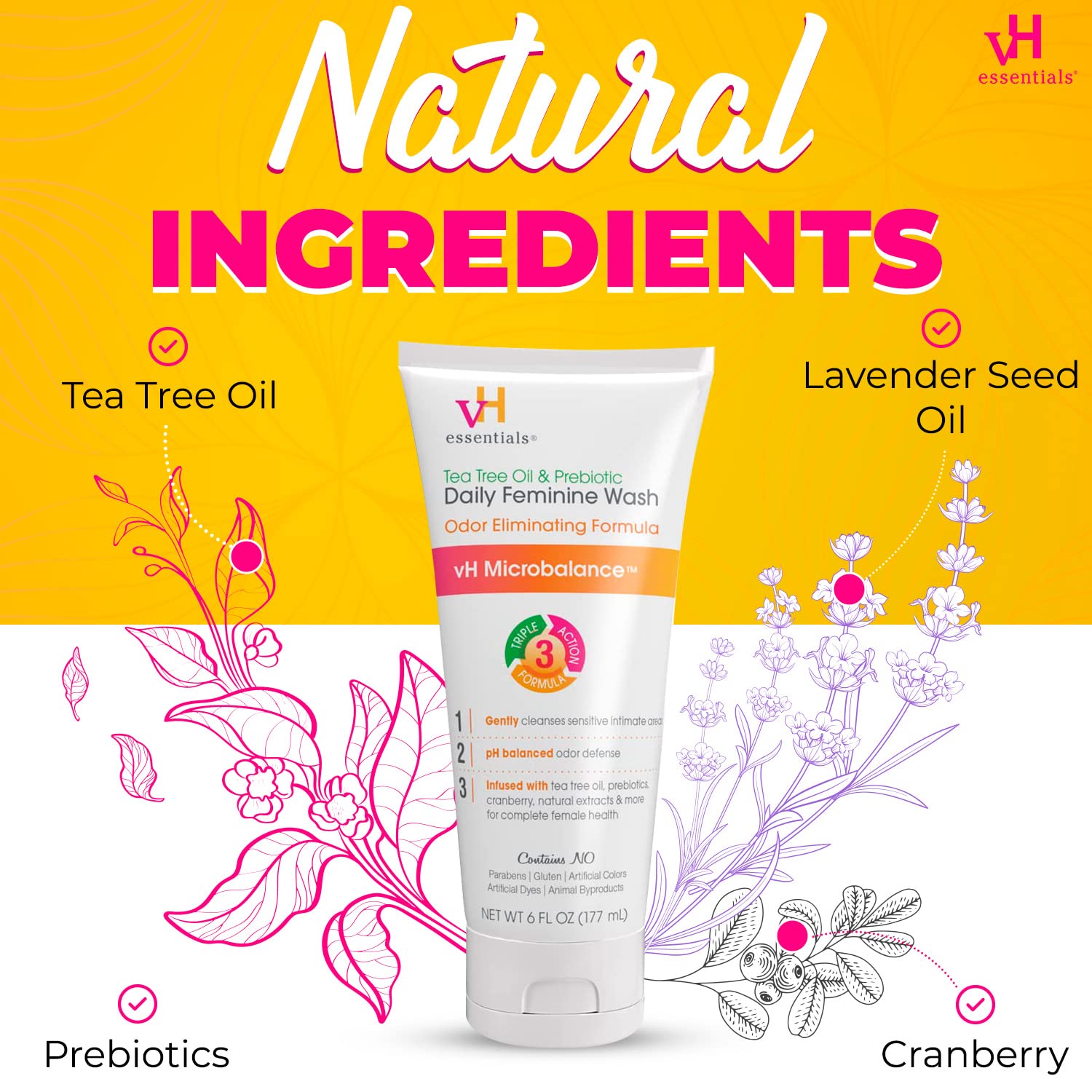 vH essentials, Ph Balanced Daily Feminine Wash, Tea Tree Oil & Prebiotic, 6, Fl Oz, (Pack Of 1 ...