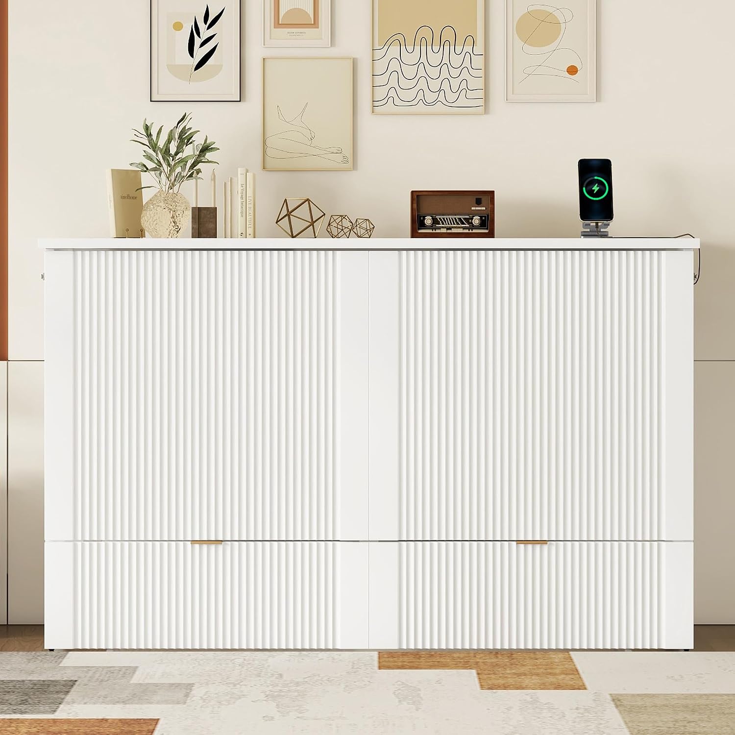 Amazon.com: Queen Size Murphy Bed Wall Bed With Storage Drawers, Wood ...