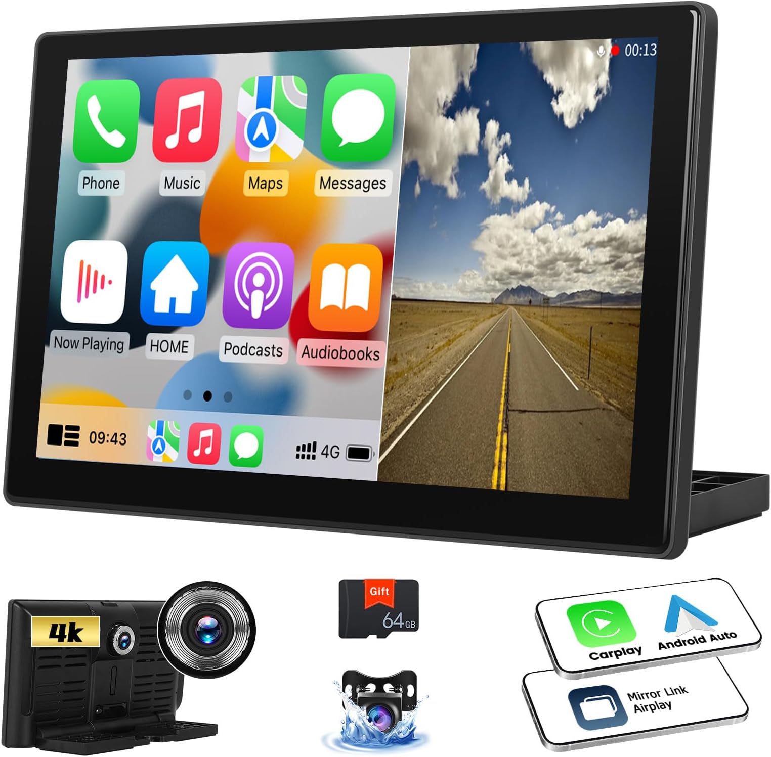 Amazon.com: 9'' Portable Car Stereo with 4K Dashcam, Wireless Dash ...