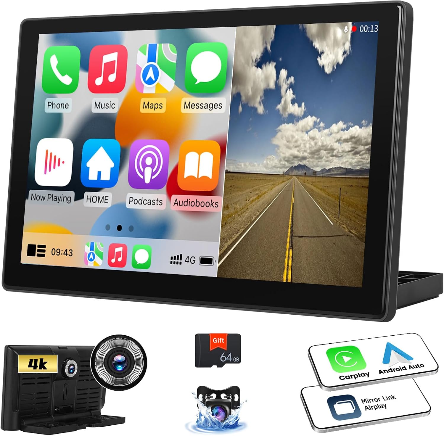 Amazon.com: 9'' Portable Car Stereo with 4K Dashcam, Wireless Dash ...