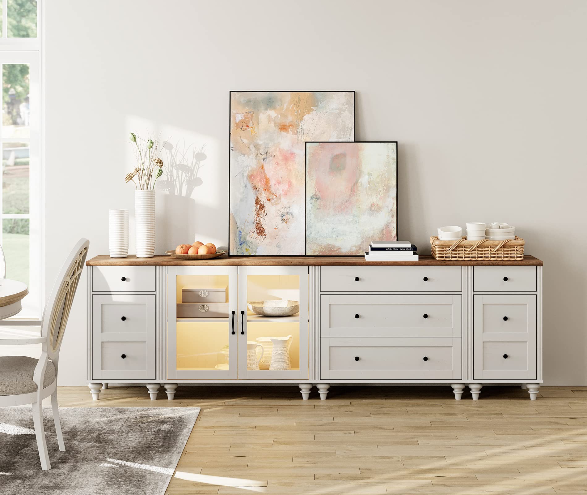 WAMPAT Kitchen LED Buffet Sideboard with Glass Door,3 Drawers Accent ...