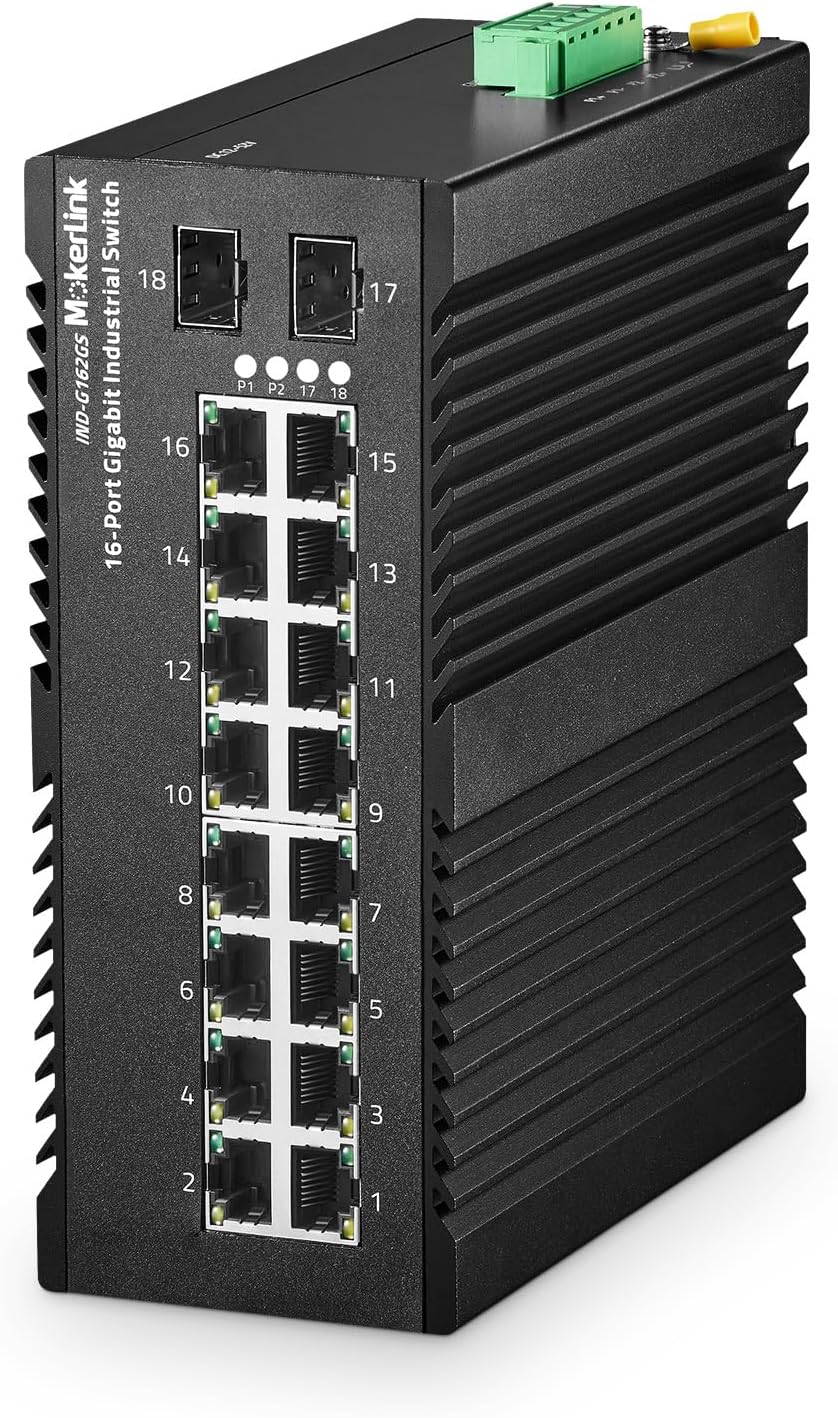MokerLink 16 Port Gigabit Industrial DIN-Rail Ethernet Switch, 2 ...