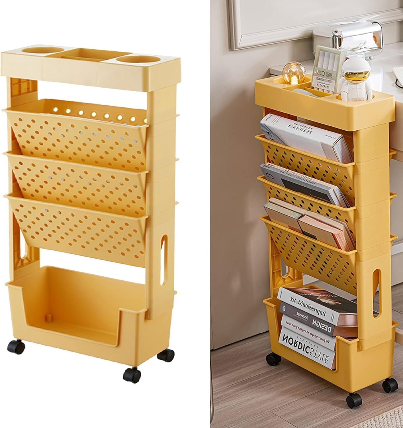 Magazine Rack Book Carts with Wheels, 5 Tier Standing Shelf Unit ...