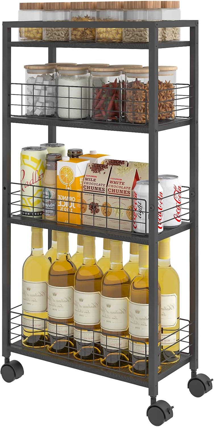 Amazon.com: LUMAMU Slim Storage Cart, 4 Tier Kitchen Cart with Wheels ...