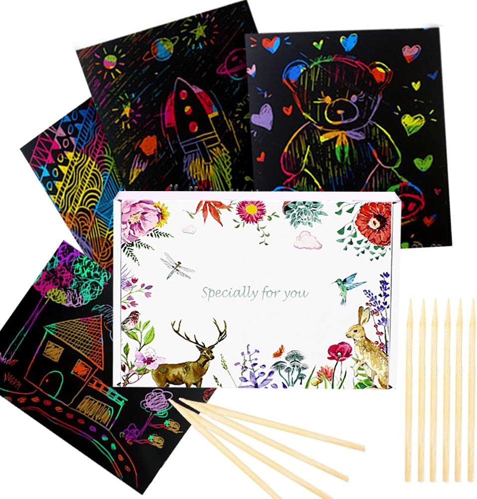 Amazon.com: YUKKLY 100 Sheets Rainbow Scratch Paper with 10 Wooden ...