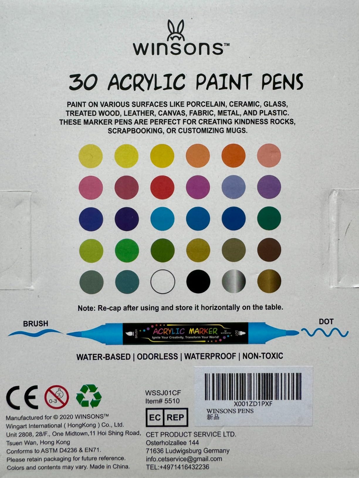 WINSONS 30 Colors Dual Tip Acrylic Paint Markers Pens- Premium Acrylic ...