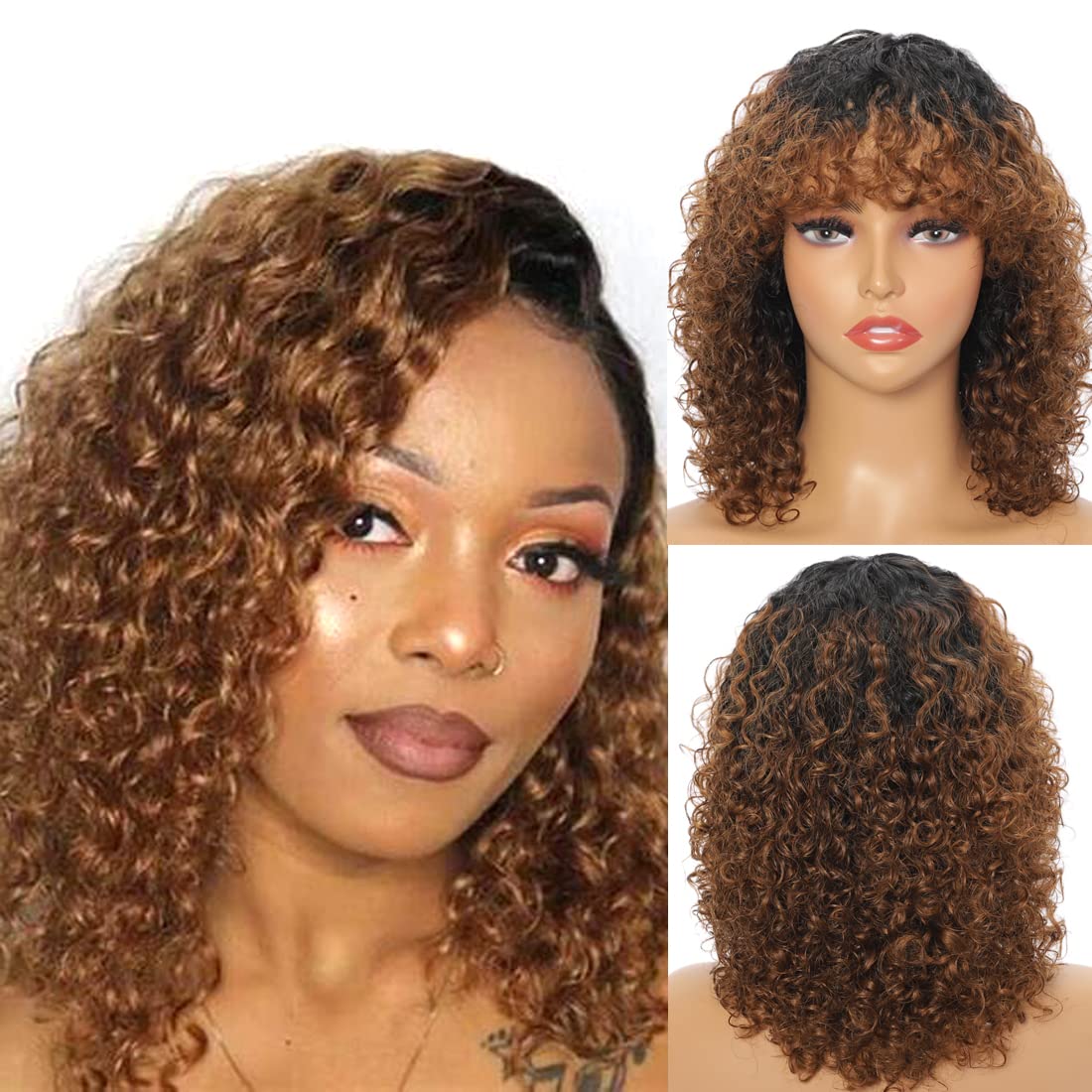 Amazon.com : Curly Bob Wig Human Hair With Bangs None Lace Front Kinky ...
