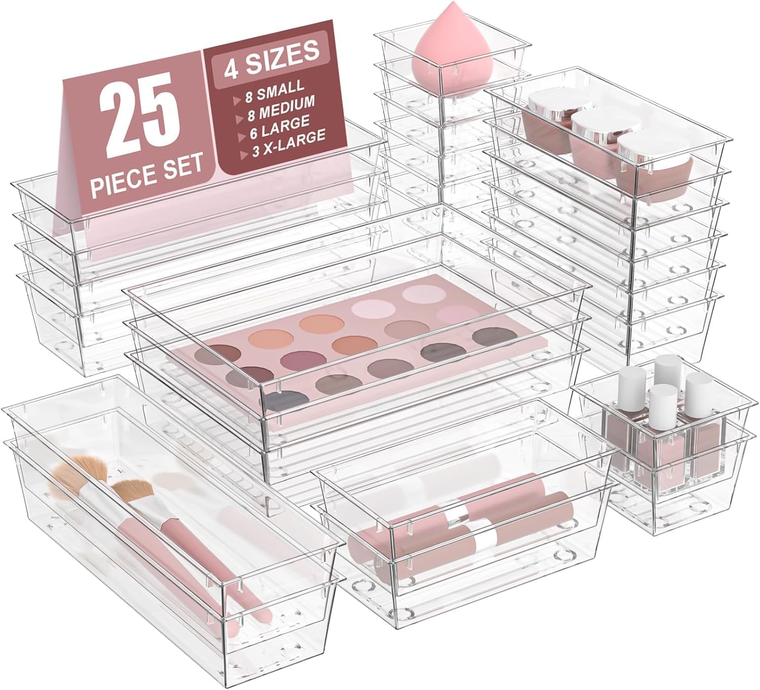 Lifewit Juego de 25 organizadores de cajones de plástico transparente ...