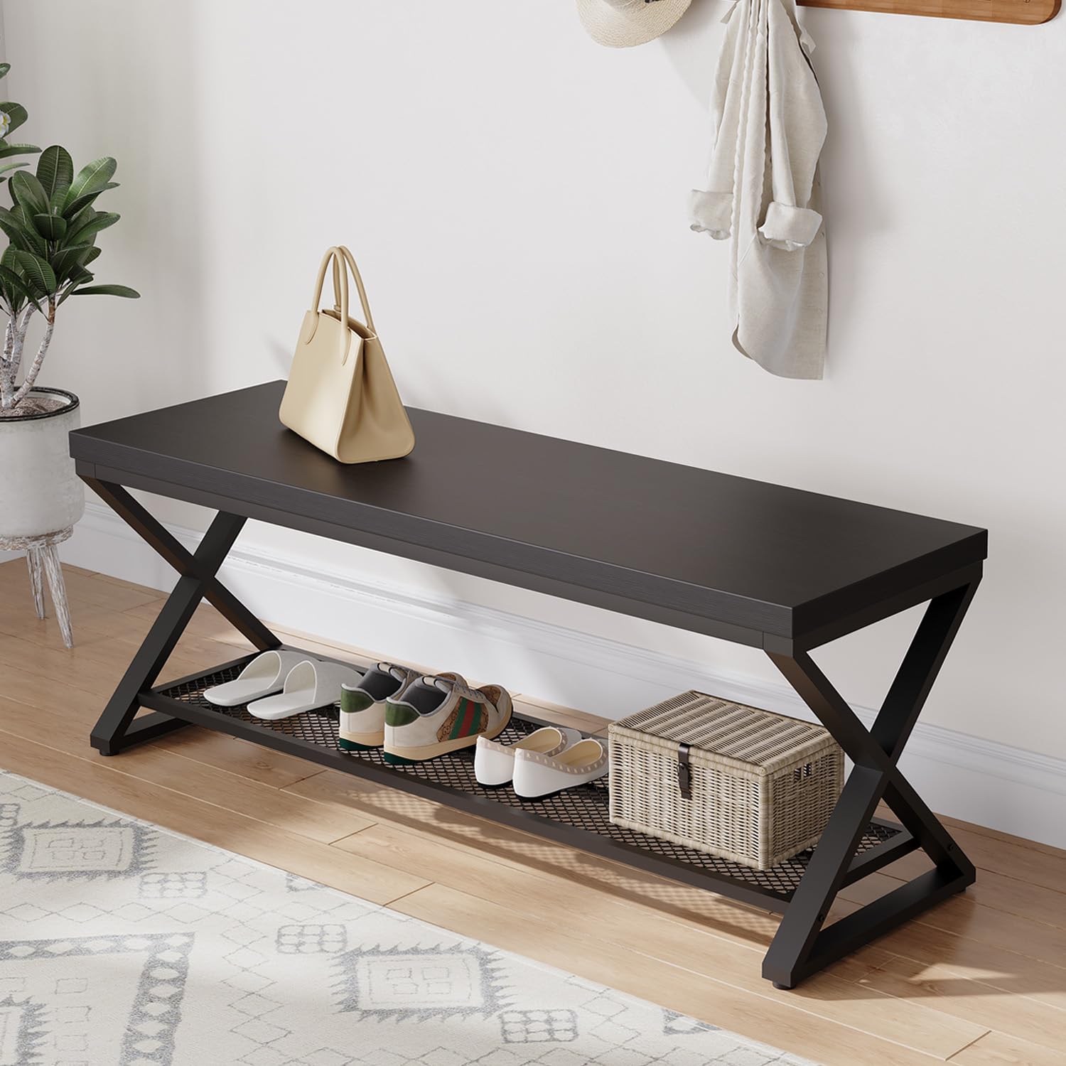 Amazon.com - LVB Black Bench, Industrial Entryway Bench with Storage ...