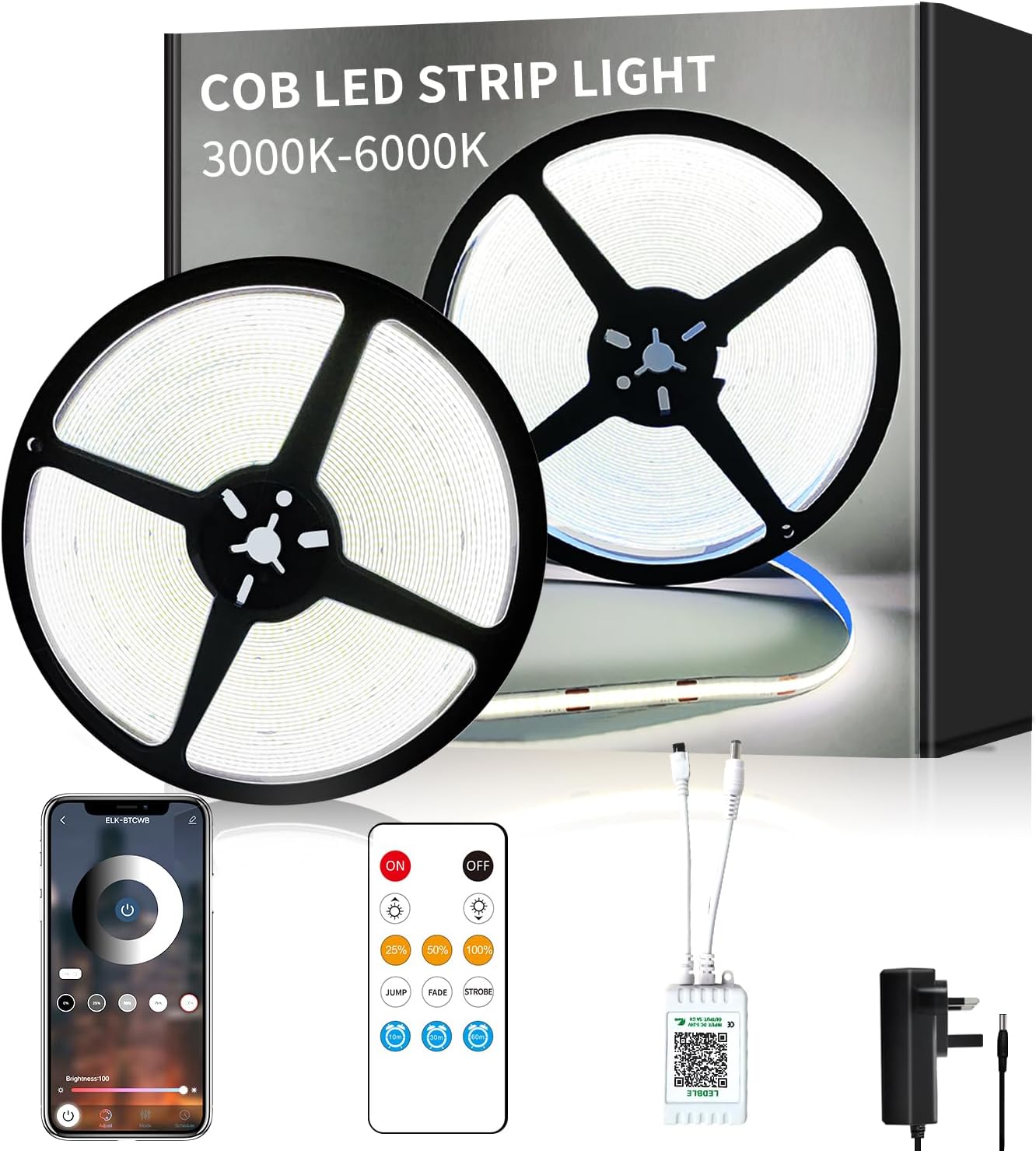 Yeewhale COB LED Strip Lights 6000K 15M 24V Dimmable White LED Strip ...