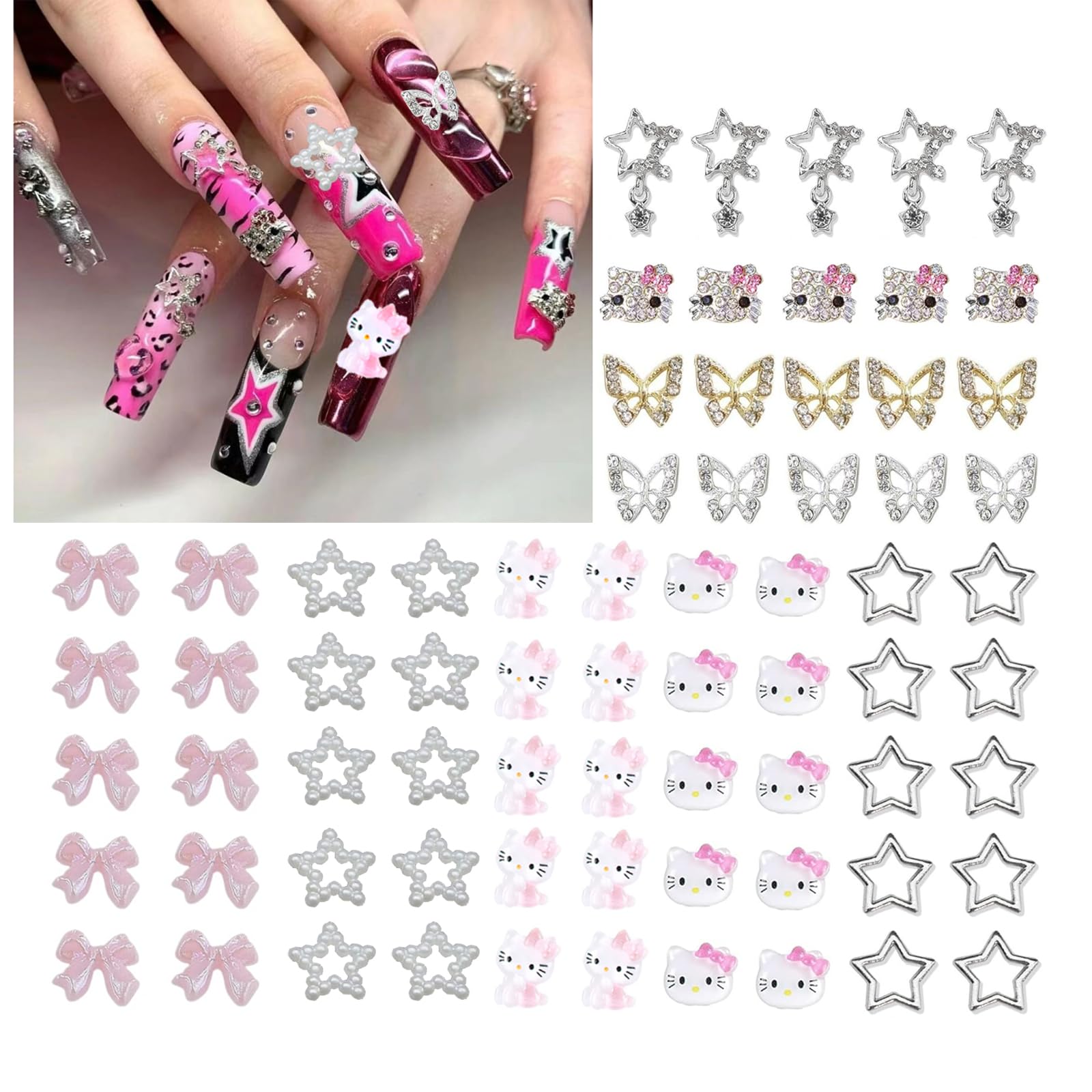 Amazon.com: SICIJONYY 70 PCS Kitty Butterfly Nail Charms Star Bow Nail ...