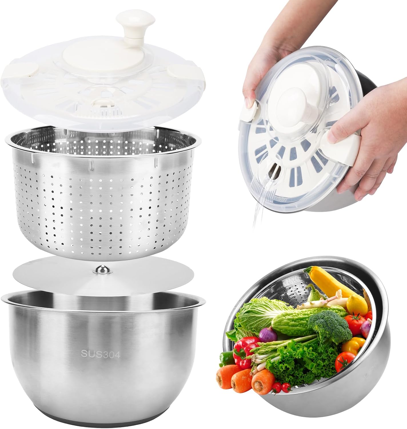 Amazon.com: Stainless Steel Salad Spinner, Lettuce Spinner with Drain ...