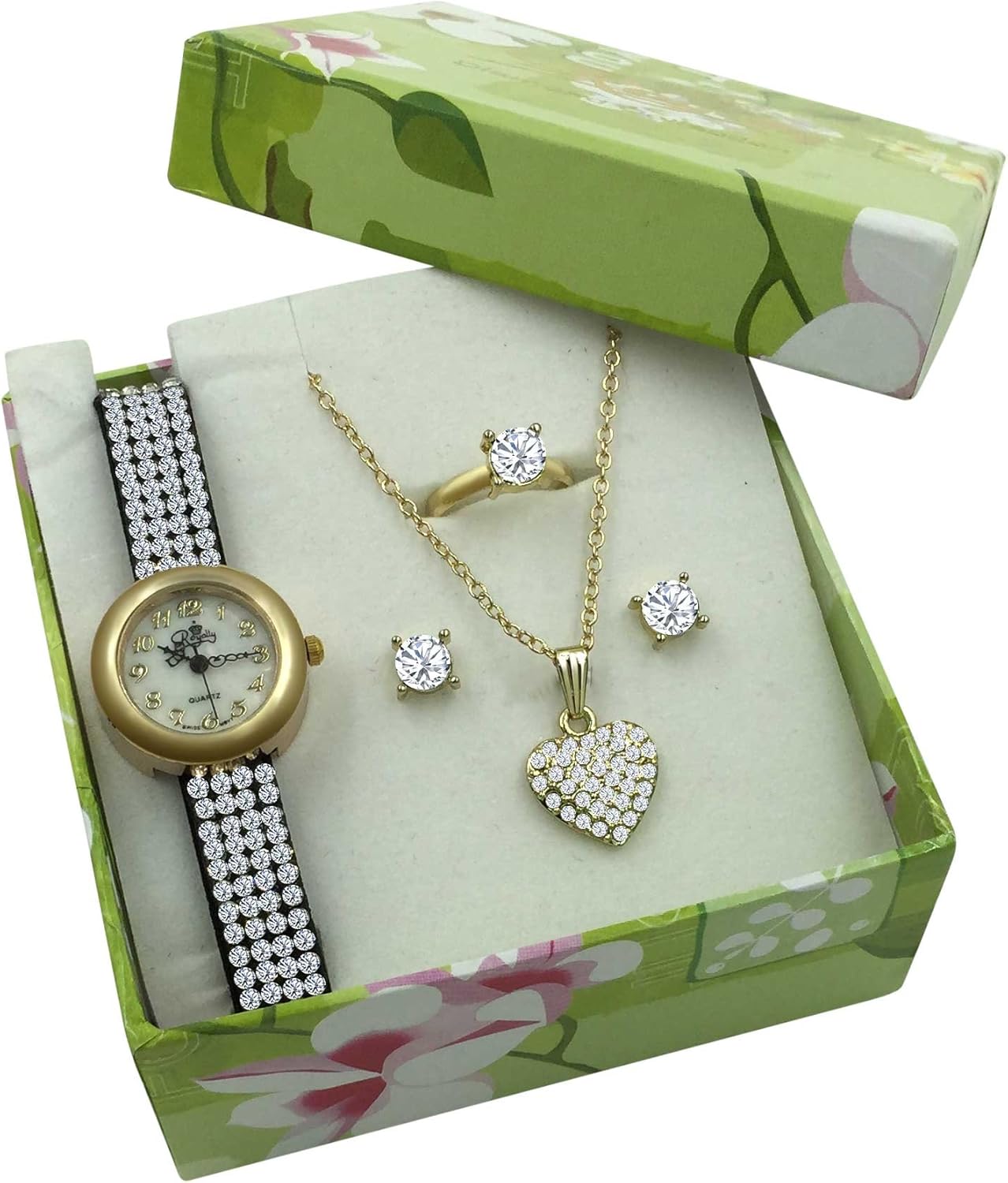 Amazon.com: Crystal Watch Jewelry Gift Set - Gold Tone Heart Necklace ...