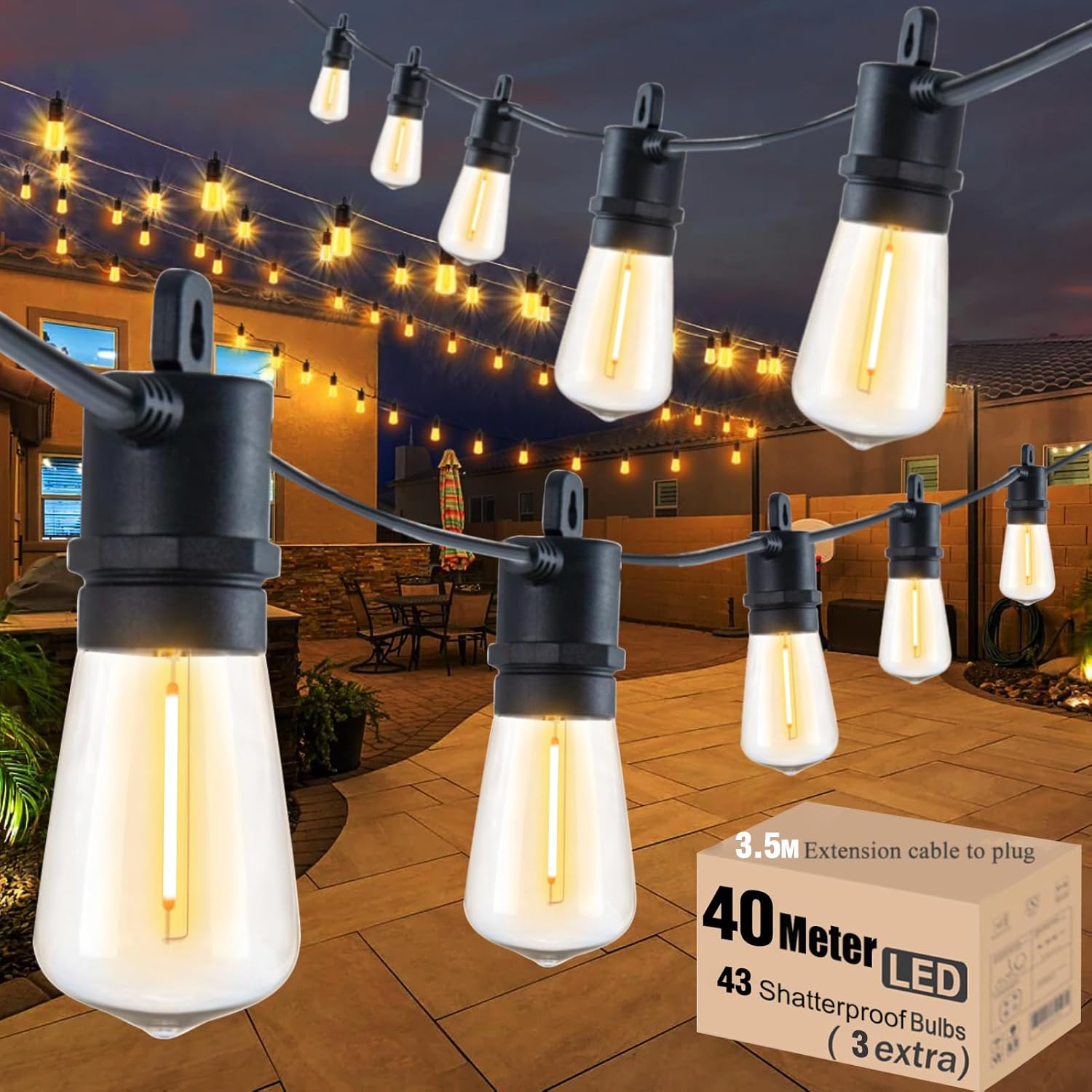 Meidaoduo Festoon Lights Outdoor 40M Mains IP65 with 43 LED 2700K Bulbs ...