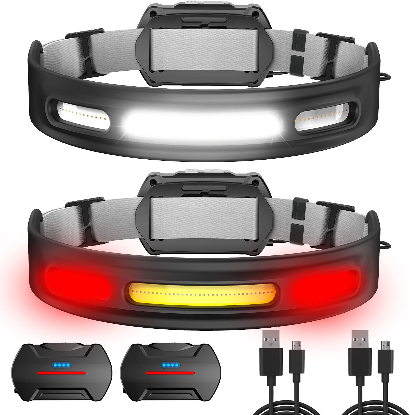 Headlamp Rechargeable 2PCS, 230° Wider Beam LED Head Lamp with Red Tail ...