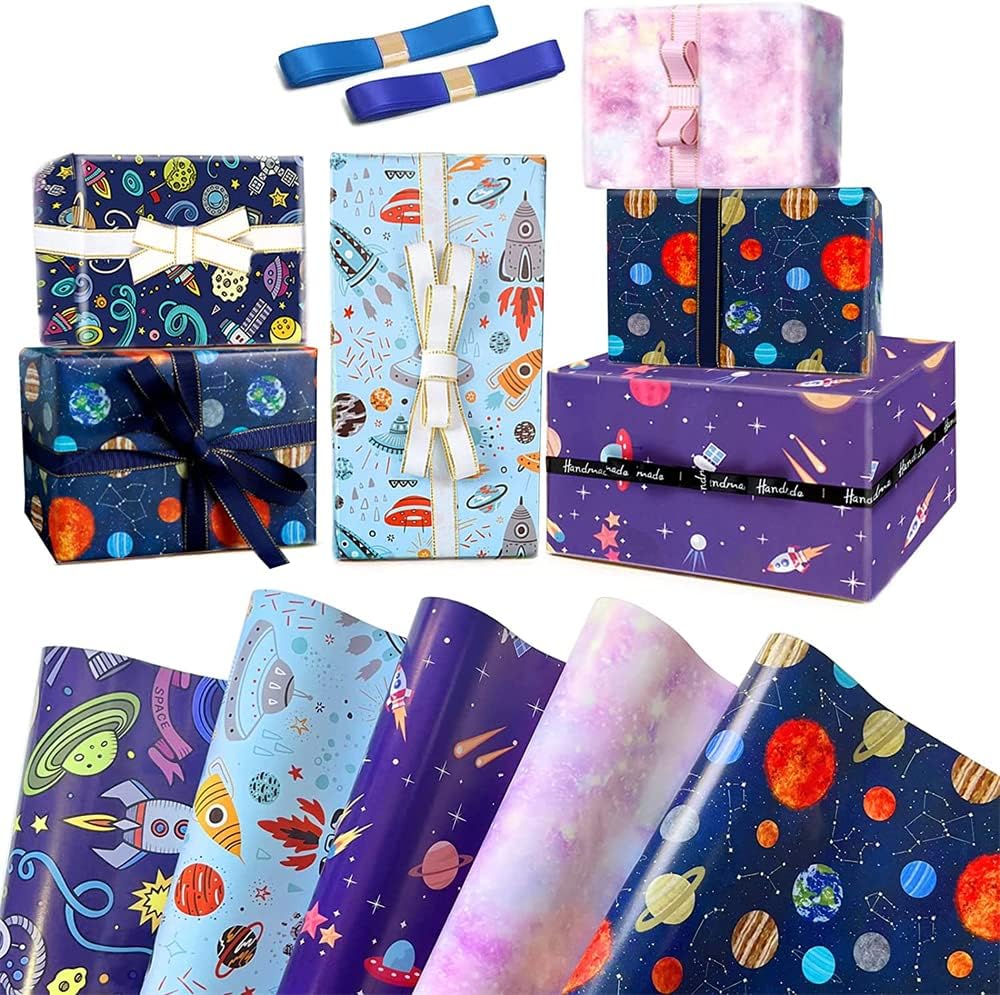 5 Sheets Outer Space Wrapping Paper, Birthday Wrapping Paper for Boys ...