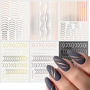 Amazon.com: 6 Sheets Line Nail Art Stickers Decals Rose Gold 3D Self ...