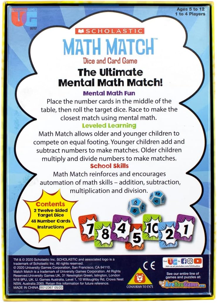 University Games Scholastic, Math Match dados y juego de cartas, la ...