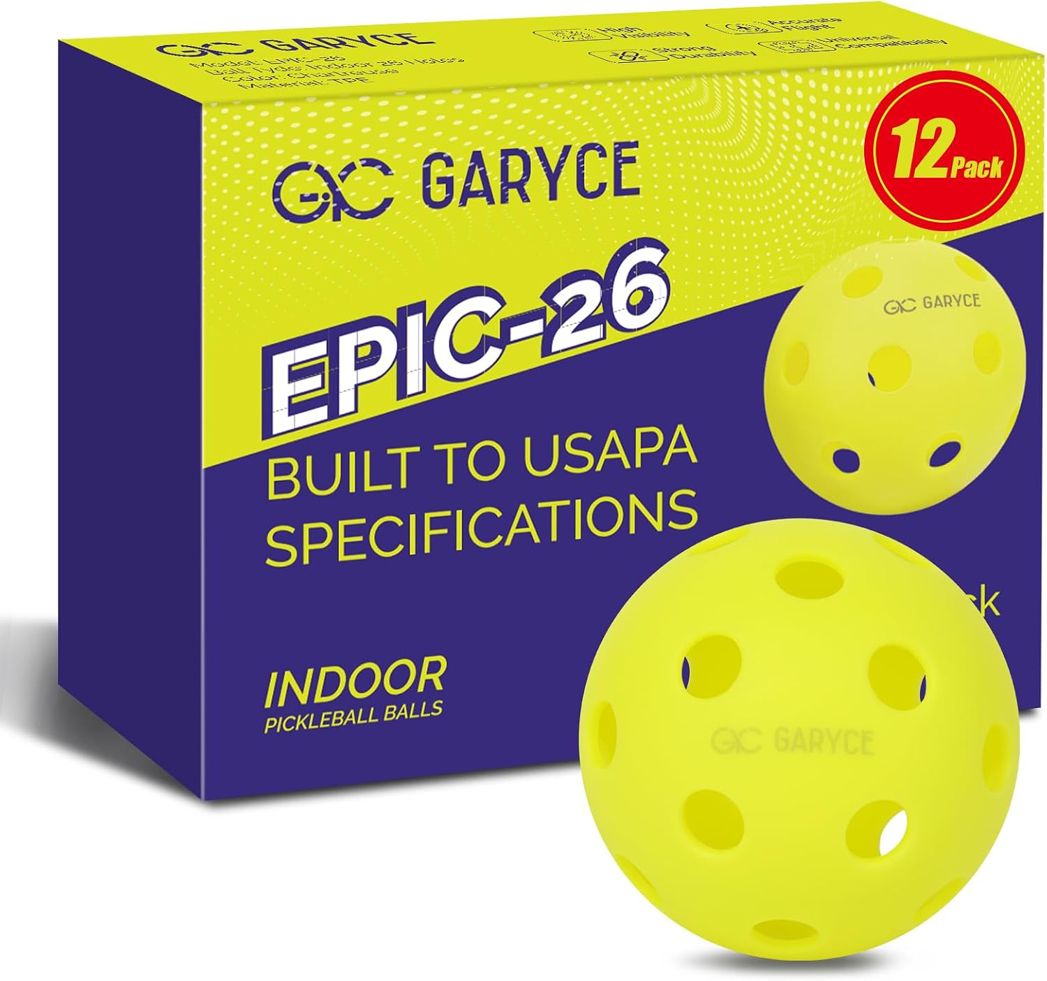 GARYCE Indoor Pickleball Balls,26 Holes|12 Pack,USAPA Compliant ...