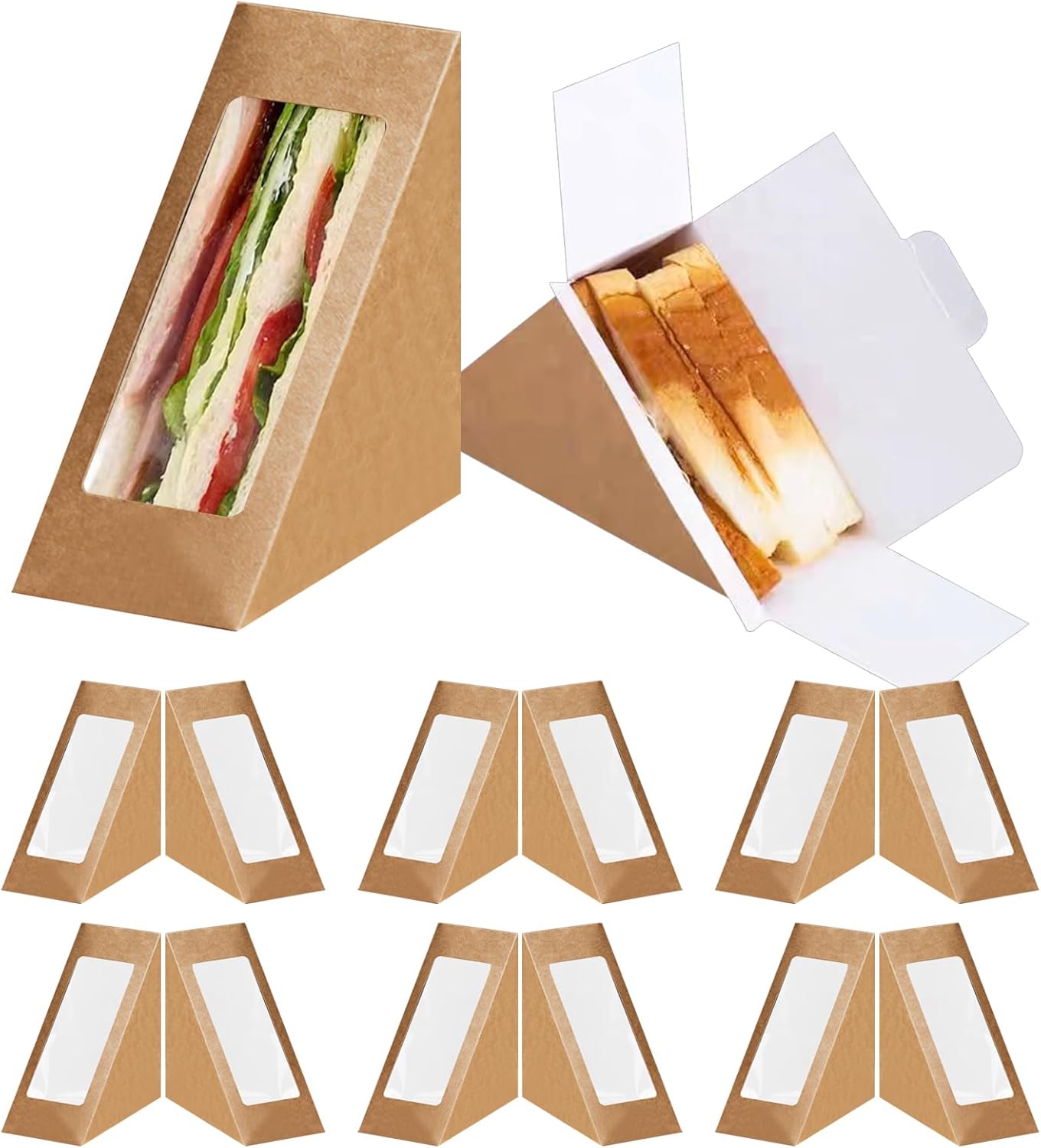 YIQXKOUY 50 Pack Triangle Kraft Paper Sandwich Box with Window Take Out ...