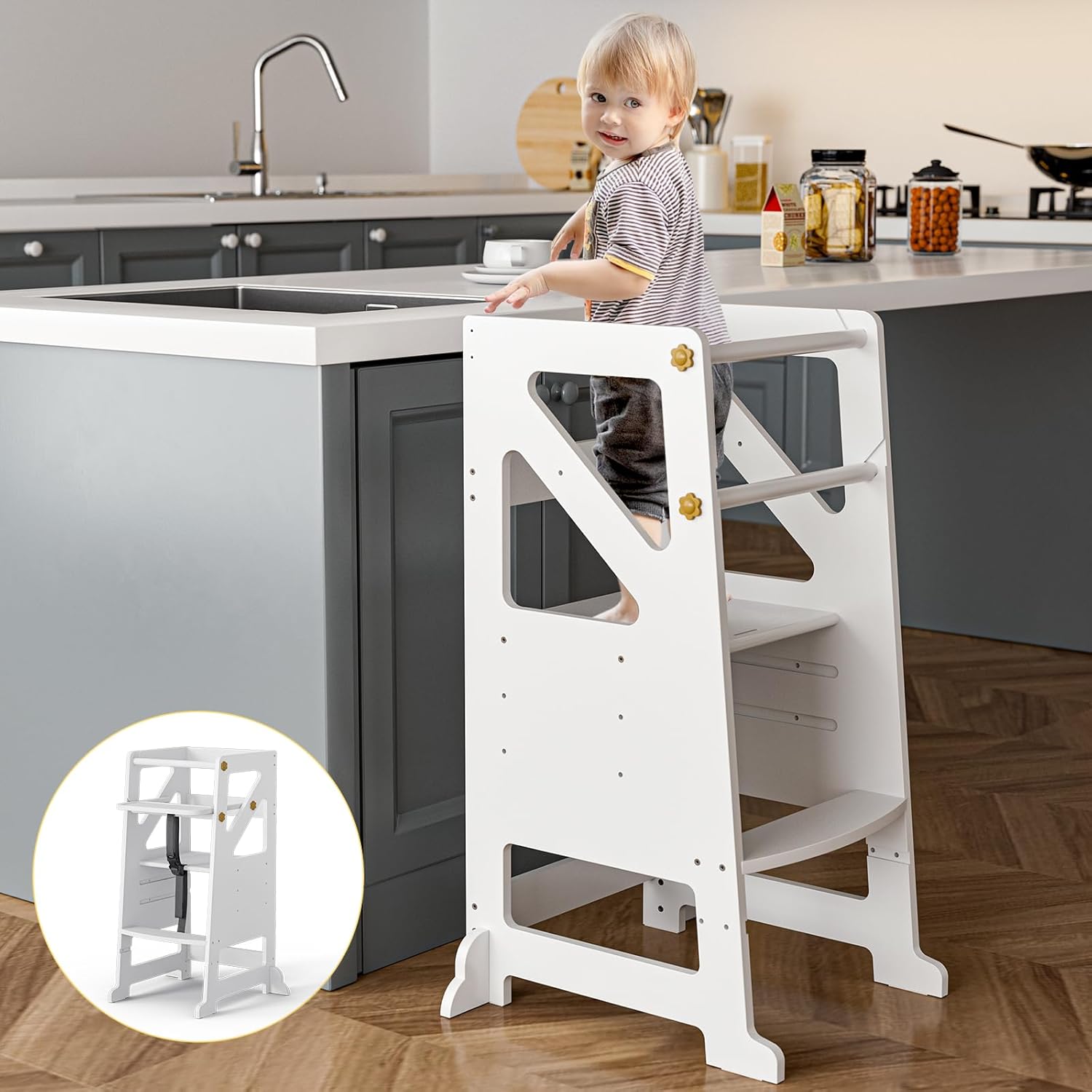 Amazon.com: Toddler Kitchen Stool Helper with Meal Tray, Wooden toddler ...