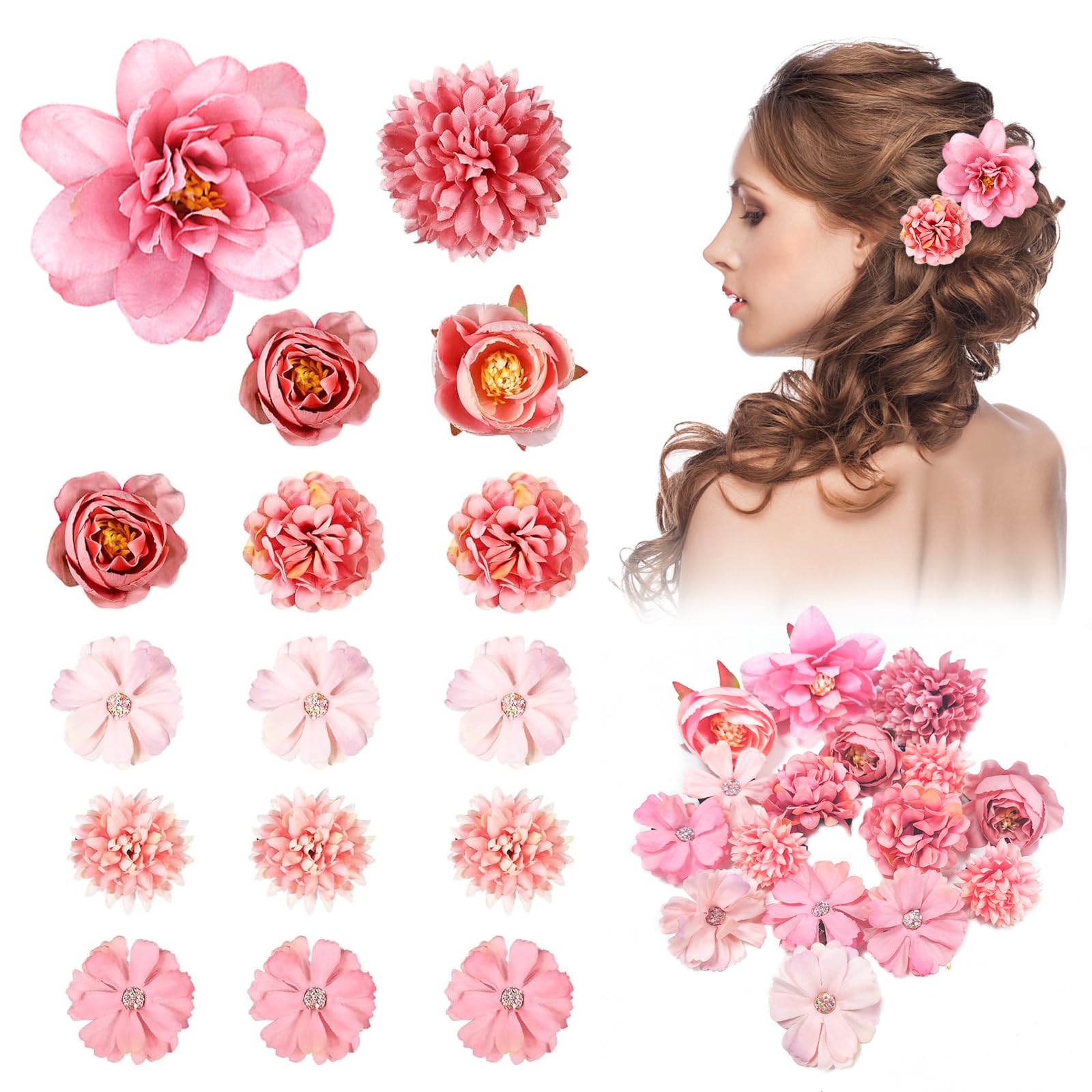 Amazon.com : Harewu Deep Pink 16Pcs Silk Flower Hair Clips, Floral Hair ...