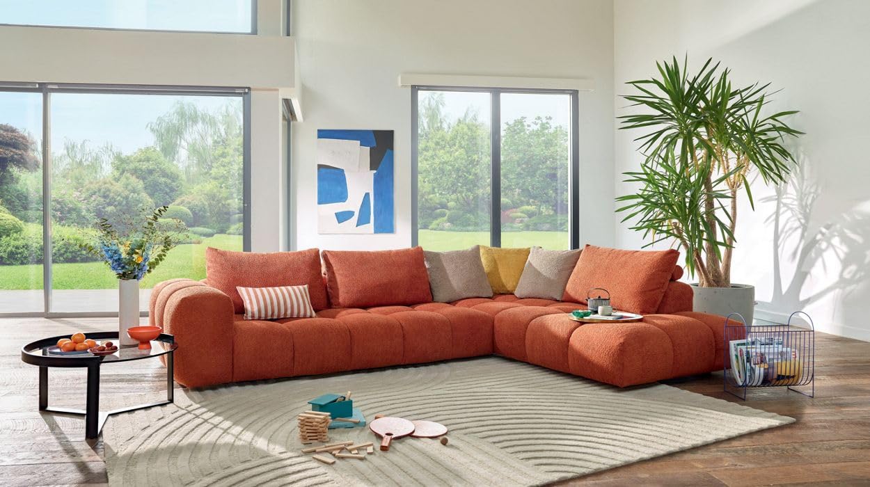 FIKRA Coaster Lshape Corner 5 Seater Soft Touch Fabric Light Orange Sofa Set for Living Room ...