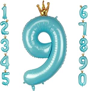 Amazon.com: 40 Inch Blue Number 9 Balloon with Crown, Big Pastel Blue ...