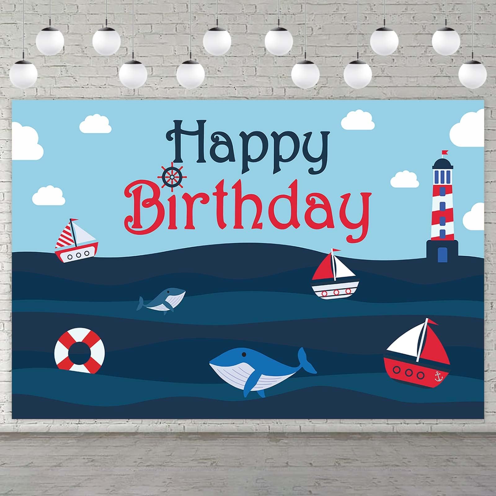 Amazon.com: Nautical Happy Birthday Banner Backdrop Whale Sailboat ...