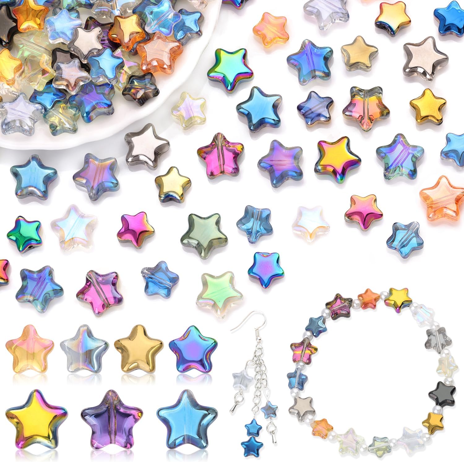 Amazon.com: 200PCS 8MM & 10MM Glass Star Beads Bedazzling Irisedent ...