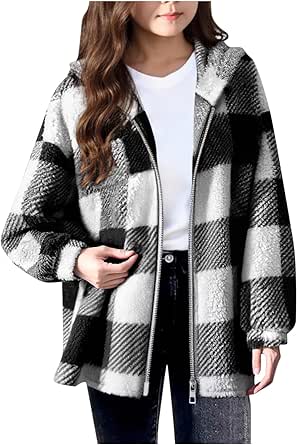 Amazon.com: Girls Fuzzy Plaid Jackets Kids Fleece Sherpa Winter Warm ...