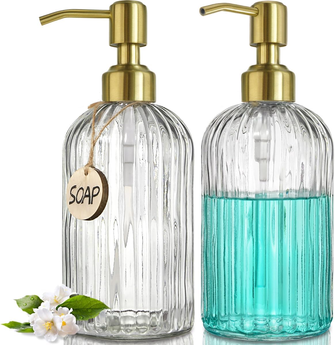 Amazon.com: JASAI 2PACK 18Oz Fluted Glass Soap Dispenser with Golden ...