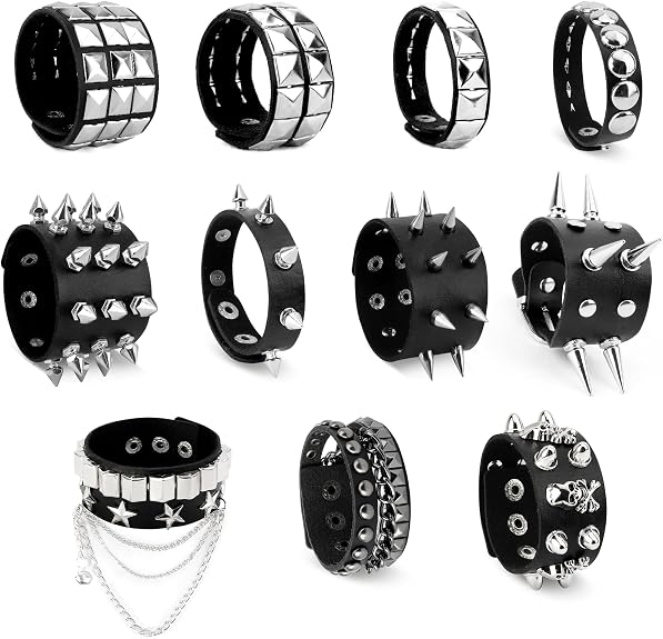 Amazon.com: DTUIEUI Punk Set 11pcs Black Leather Cuff Bracelet, Studded ...