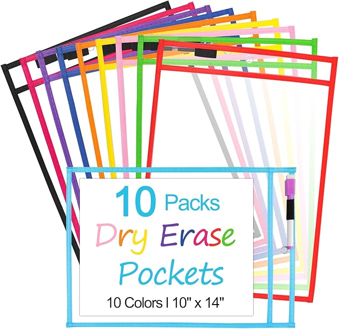 Amazon.com : 10 Pack Dry Erase Pockets,Oversized Reusable Dry Erase ...