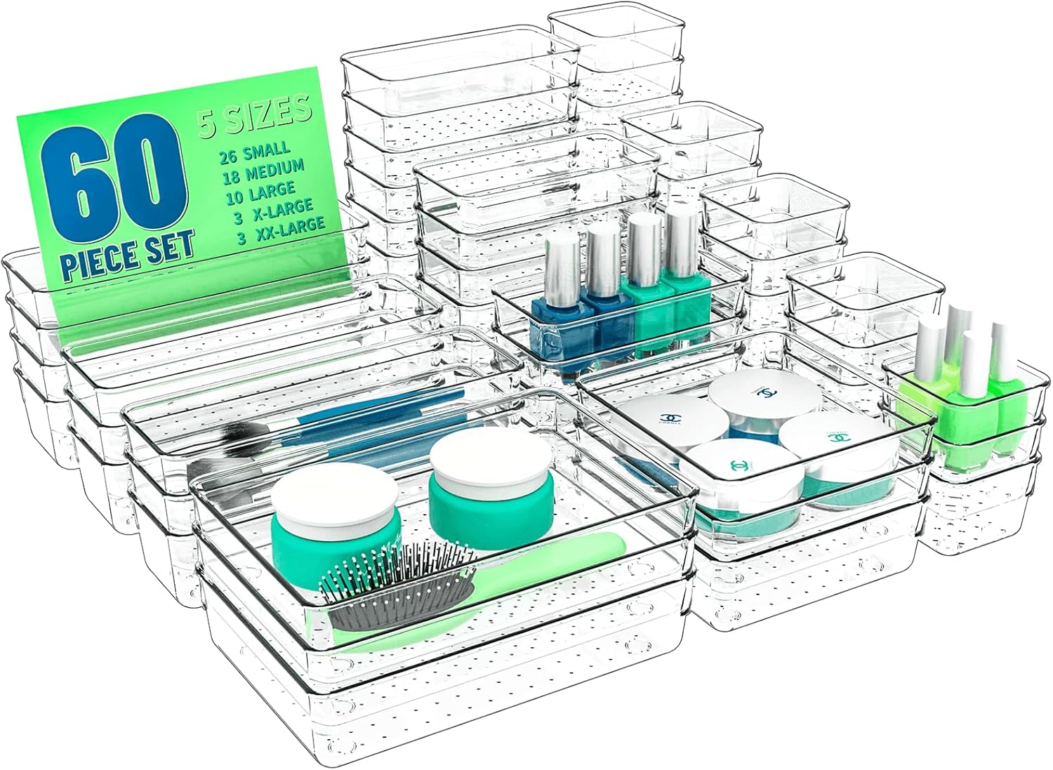 Amazon.com : Yieach 60 Pc Clear Plastic Drawer Organizer Set,5 Sizes In ...