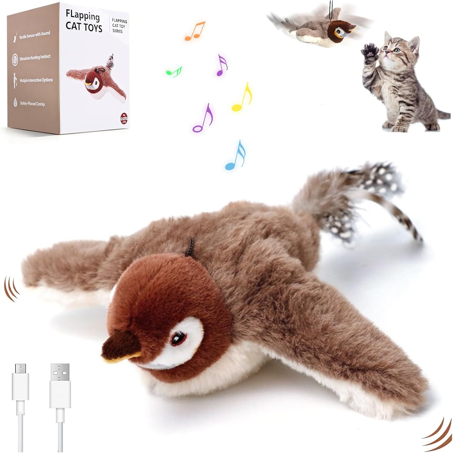 Audasi Bird Cat Flapping Chirping Realistic Plush Toys with Catnip for ...